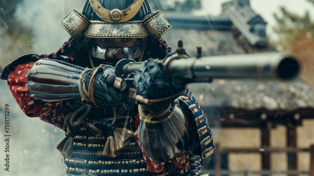 A samurai in traditional armor aiming a bazooka juxtaposing ancient ...