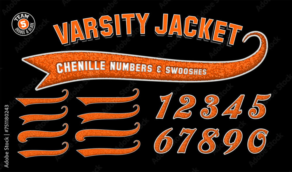A collection of varsity jacket style numbers and swoosh shapes with ...
