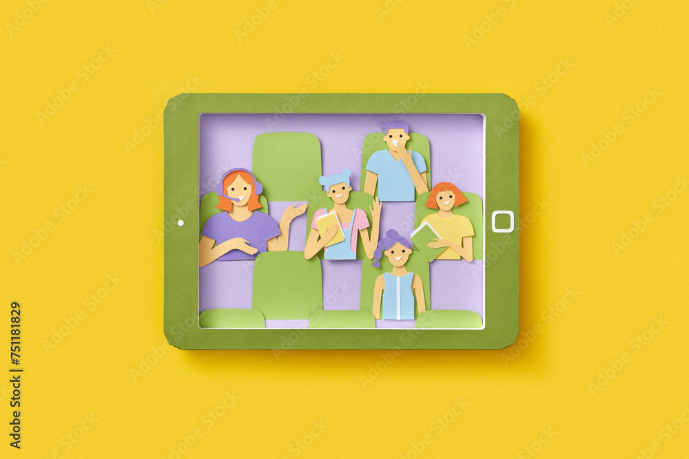 Papercraft tablet with online lesson of students and teacher Stock ...