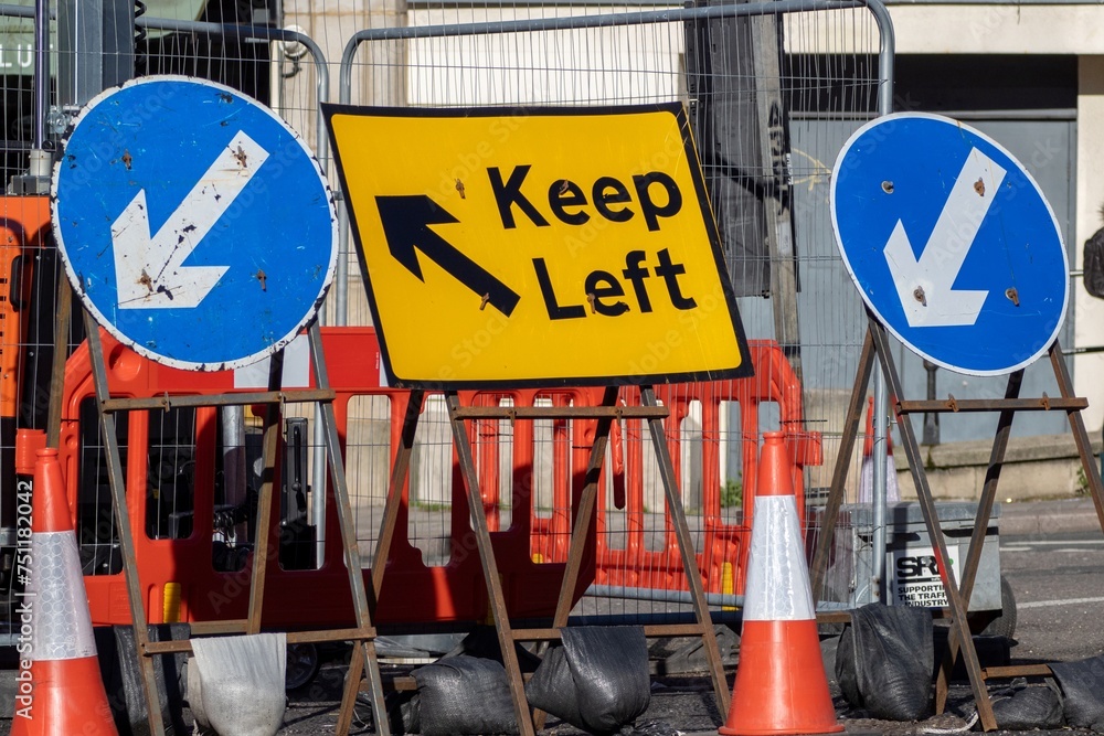 Two circular road signs and a rectangular yellow road sign tell road ...