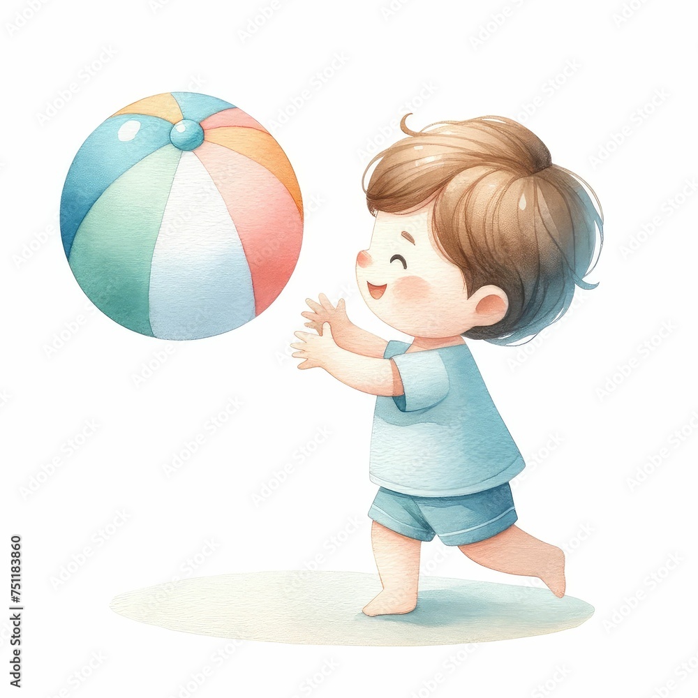 kids Playing beach ball, watercolor illustration, Kids on the beach in ...