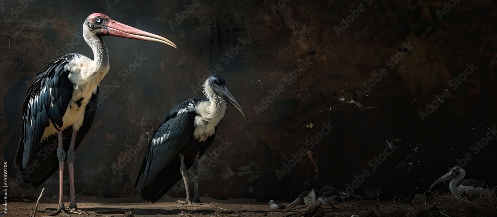 Two large Marabou Storks, known as Leptoptilos crumeniferus, are ...