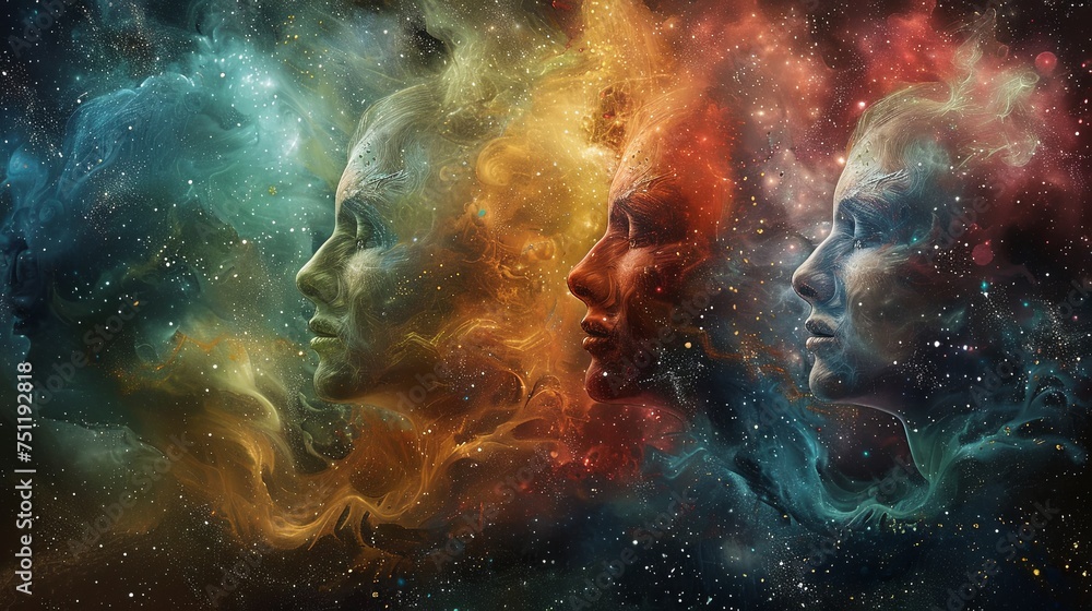 A vivid digital art piece showcasing a trio of human faces seamlessly ...
