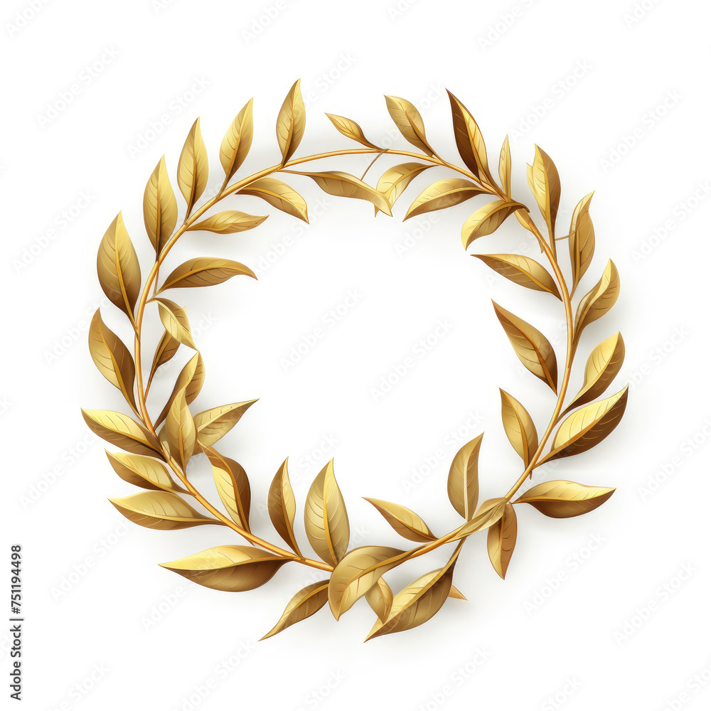 round roman laurel wreath crown symbol with long gold leaves on white ...