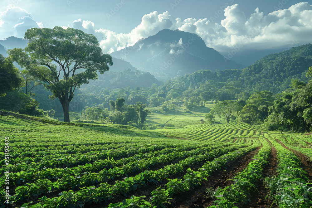 Agroforestry scene blending crops with trees, showcasing a powerful ...