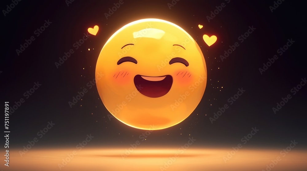 Cute little yellow smiley emoji on black background with hearts. Happy ...