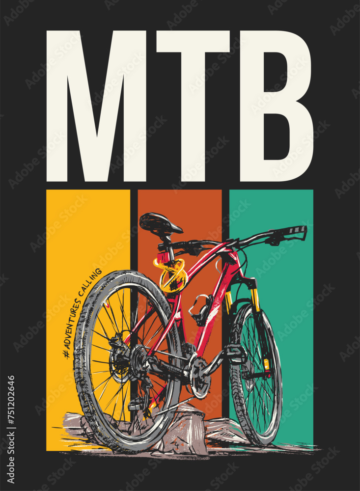 Red mountain bike illustration with tri-colored nature background and ...