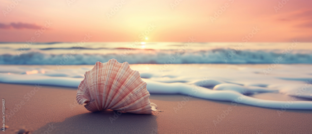 Big white pink sea shells conch on the beach sand with foamy waves ...