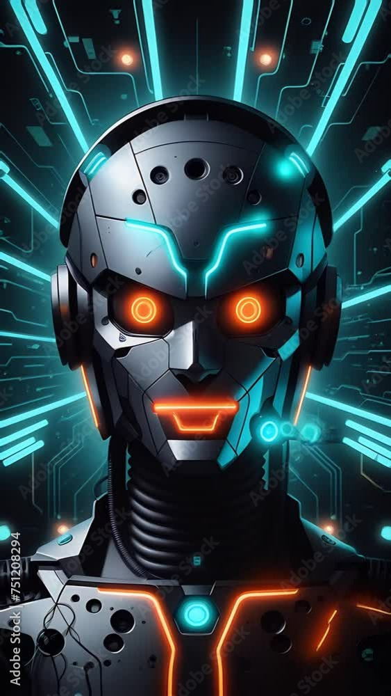 Vertical footage of the face of a cyborg robot with glowing blue eyes ...