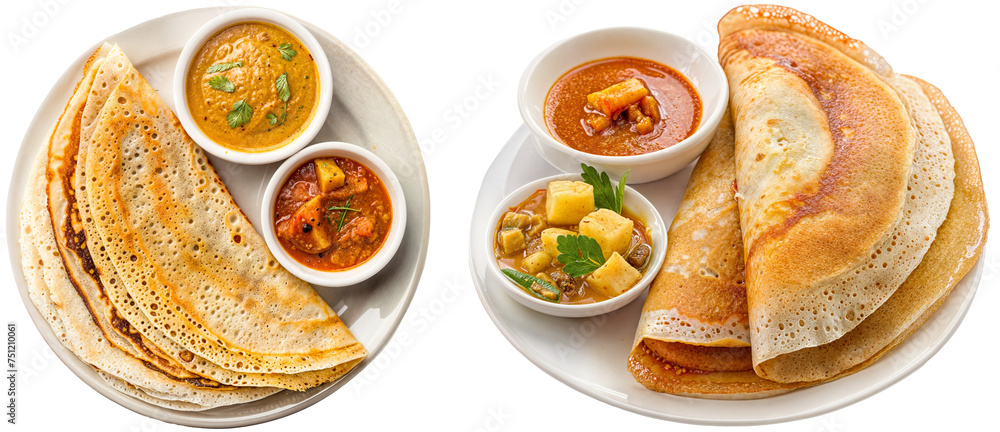 Indian dosas on a plate with different dips, side and top view ...
