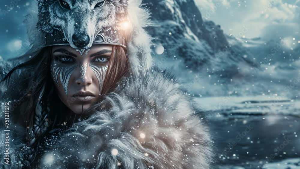 A fierce warrior queen clad in animal furs and a fierce wolf mask ...