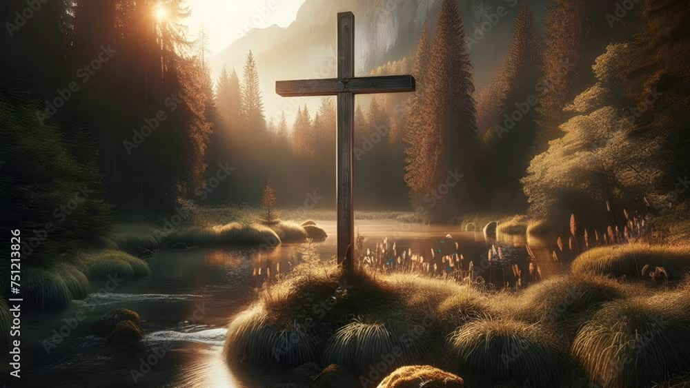 Video motion loop Cross in the edge of river , the Day of ressuraction ...