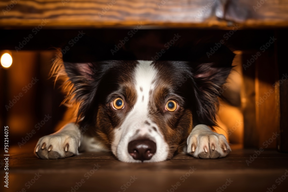 Nervous Border Collie seeking refuge under a table or hiding spot ...