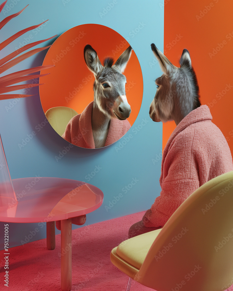 Eye-catching scene with a donkey in a bathrobe looking at its ...