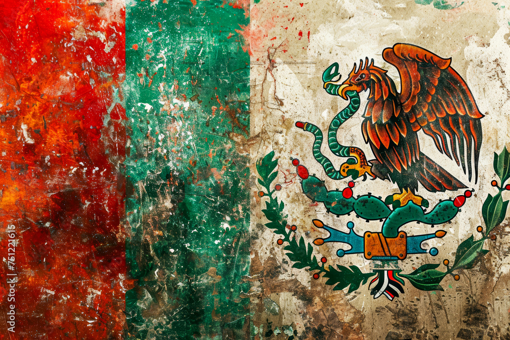 The Mexican flag, distressed and aged, with a prominent eagle and ...