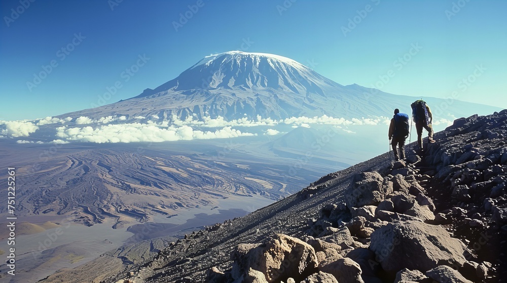 Ascending Mount Kilimanjaro, with the snow-capped peak in view and the ...
