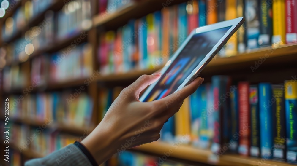 Hands holding a tablet displaying images of bookshelves, merging the ...