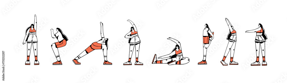 Different physical exercises for morning workout set. Woman training ...