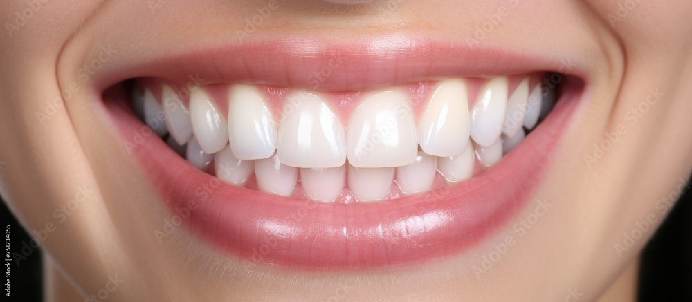 A close-up view of a woman smiling, showcasing her white teeth after ...