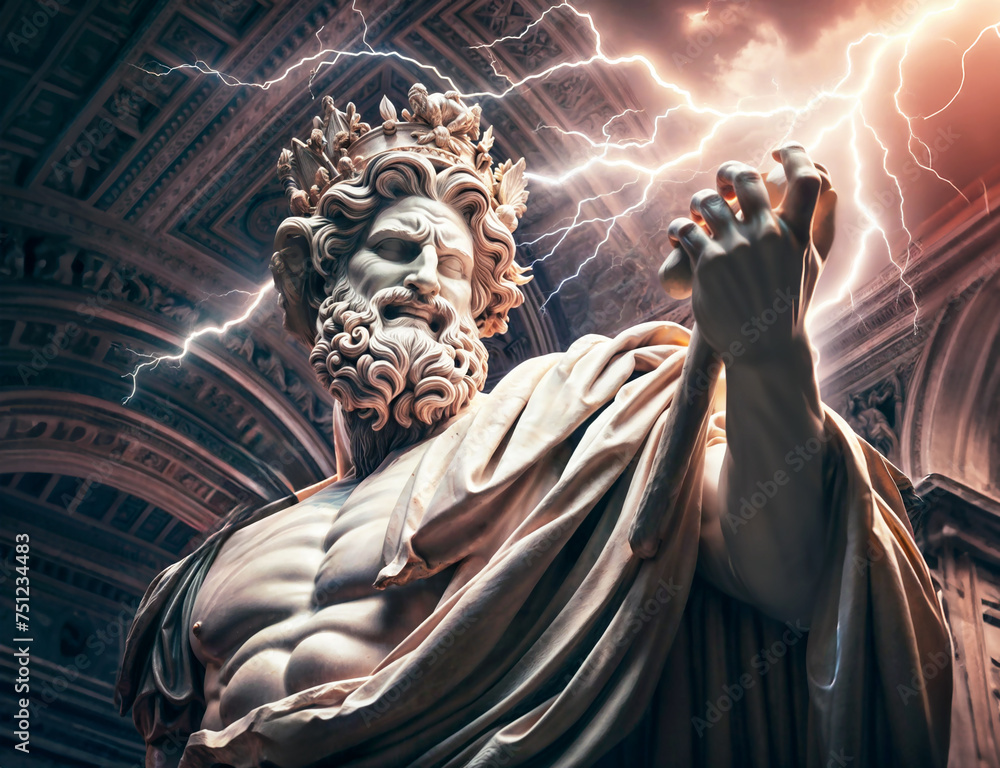 Statue of an ancient god from the greek mythology summoning an electric ...
