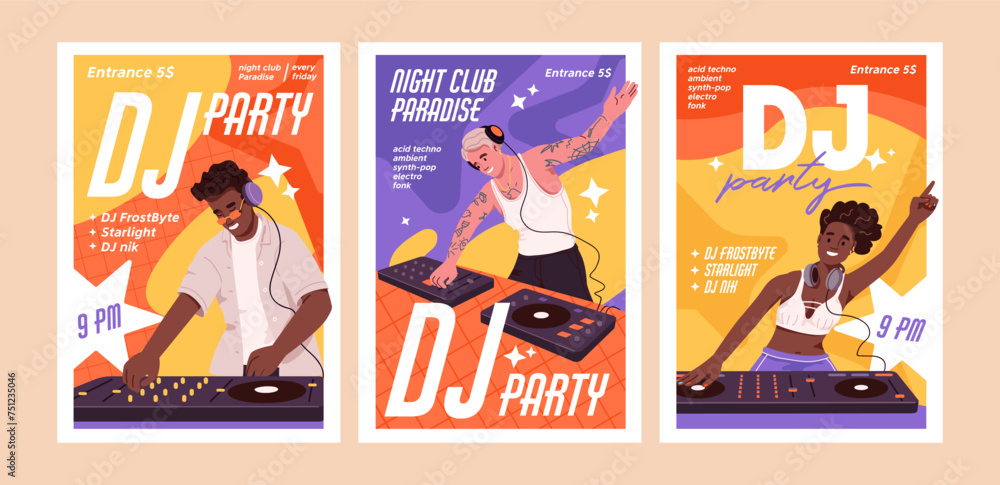 Posters of disco party with disc jockeys in night club. Techno ...