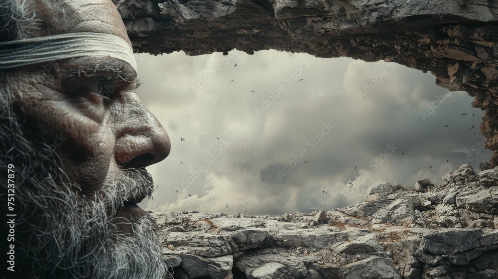 Blindfolded businessman steps off cliff ledge drawing a bridge for a ...