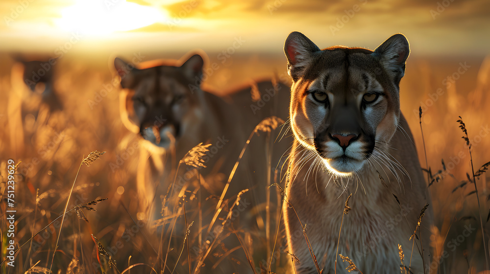 Puma family in the savanna with setting sun shining. Group of wild ...