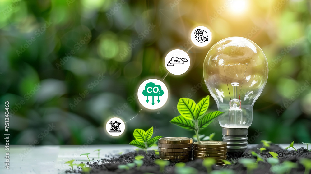 Carbon credit icons is on a light bulb and stack of coins. Carbon ...