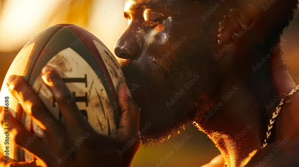 Oceanian rugby player man in love with rugby sport kiss a ball ...