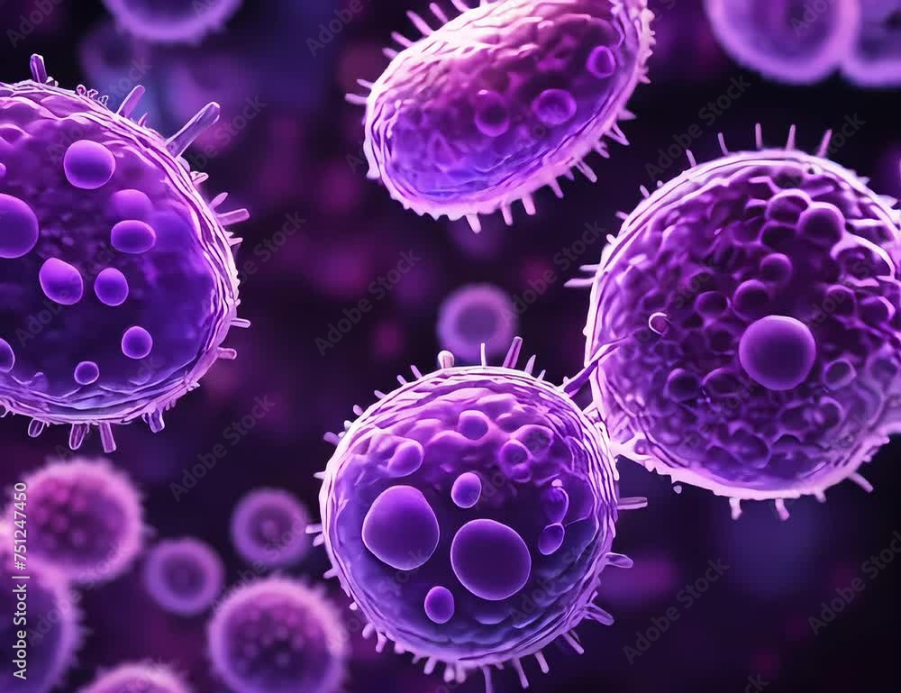 Viruses and leukocytes on a blur background under a microscope, Virus ...