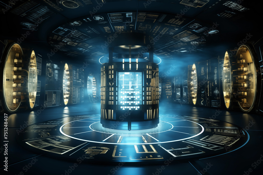 High-tech control room with illuminated panels and a cybernetic core ...