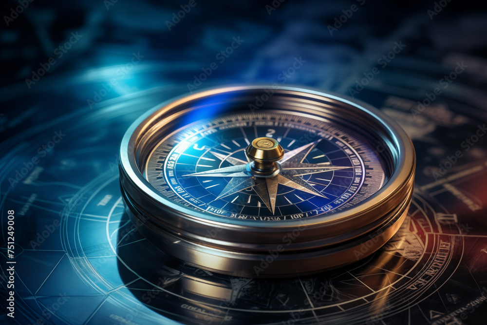 Elegant, vintage compass lies on a detailed nautical map, concept for ...