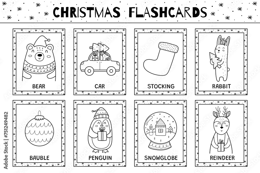 Christmas flashcards black and white collection for kids. Flash cards ...