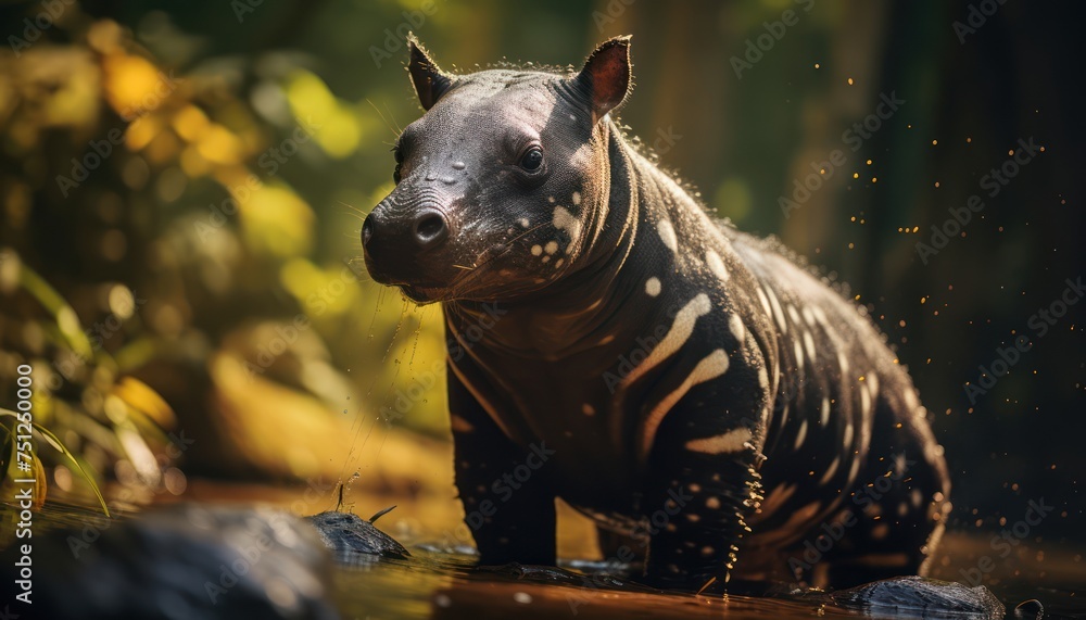 A close-up view of a Tapir standing in a body of water, with its ...