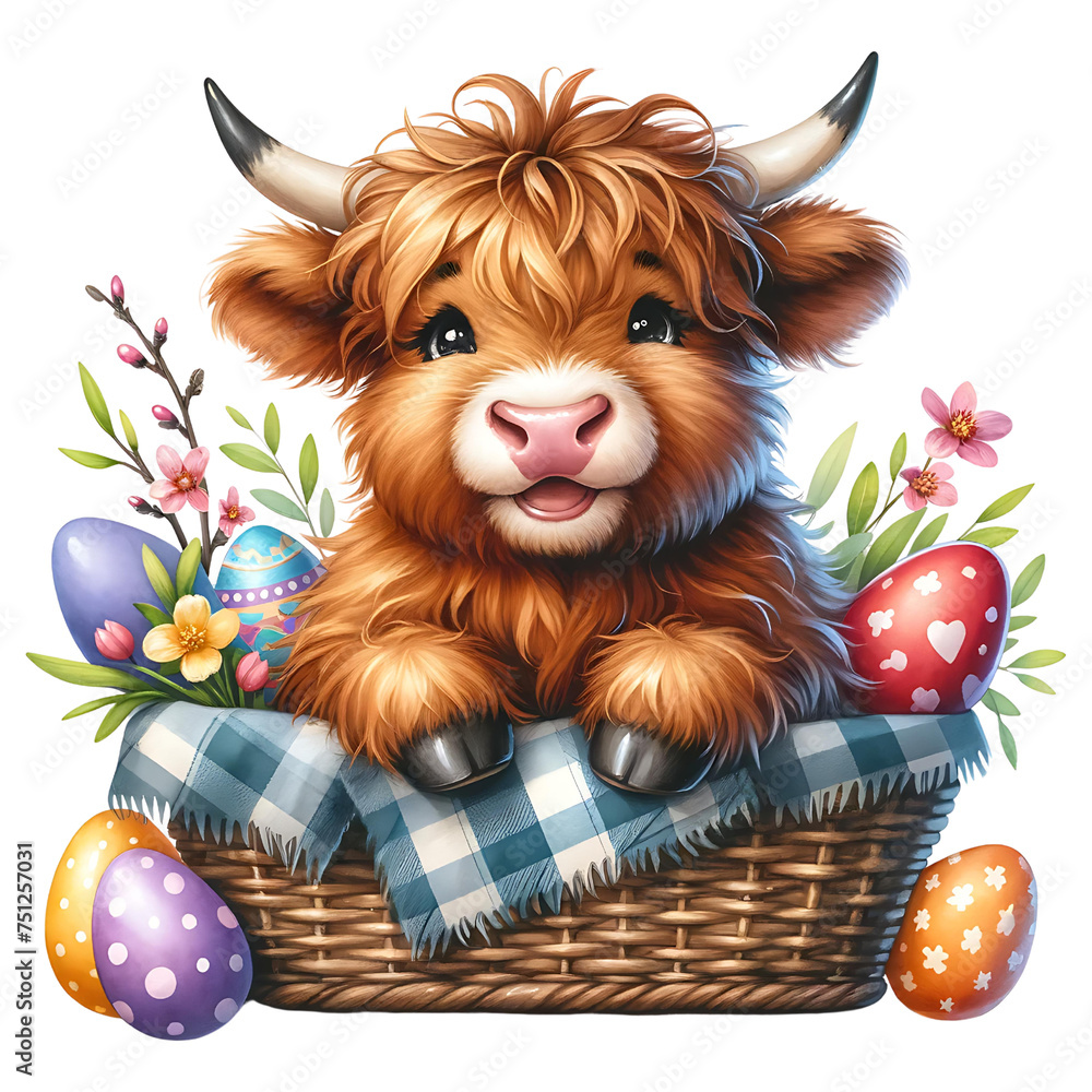 Easter Highland cow clipart, Baby Cow Clipart, Happy Easter Stock ...
