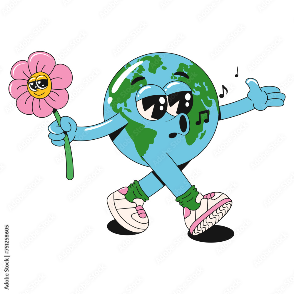 Retro groovy walking happy Earth planet character with a flower ...