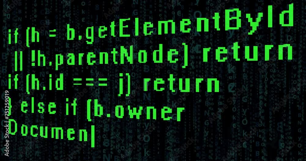 Close-up of flashing cursor typing lines of program code on black ...