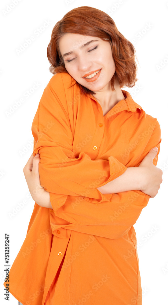 Hugging self, full of love pretty caucasian young woman hugging self ...