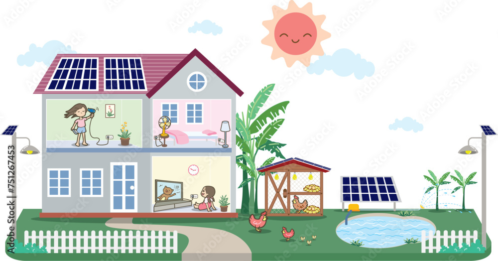 Cute cartoon style vector about using solar power in homes to provide ...