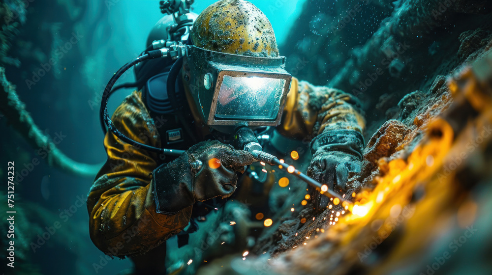 An underwater scene featuring a welder in advanced diving equipment ...