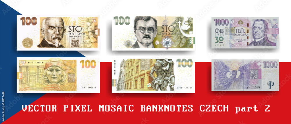 Vector set pixel mosaic banknotes of Czech. Collection notes of 100 and ...