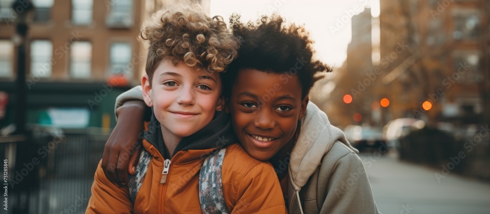 A Gen Z boy is warmly hugging his friend, showcasing inclusion ...