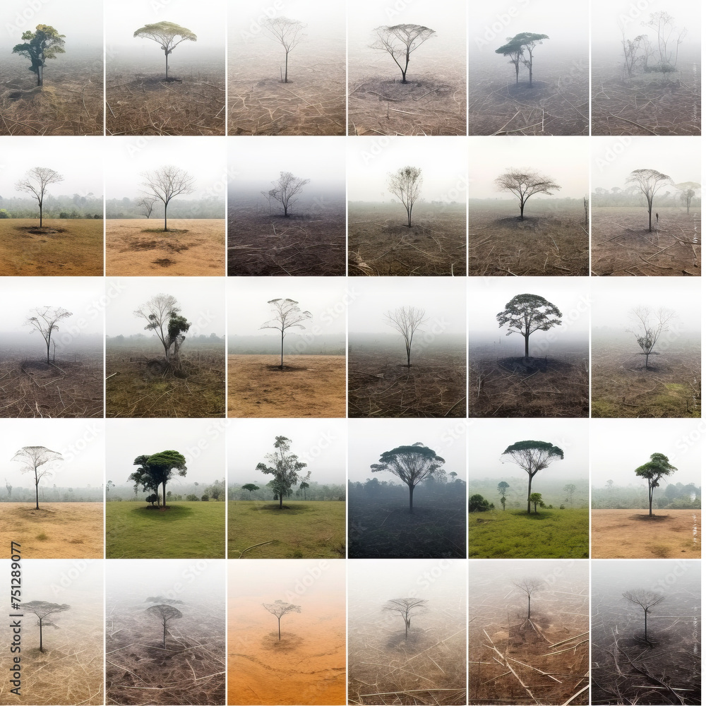 A row of isolated trees of different species with different foliage ...