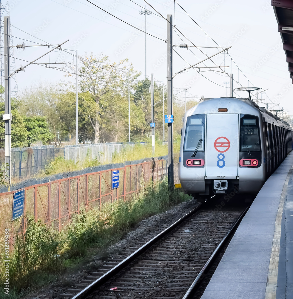 New Delhi, India, February 17 2024 - Delhi Metro train arriving at ...