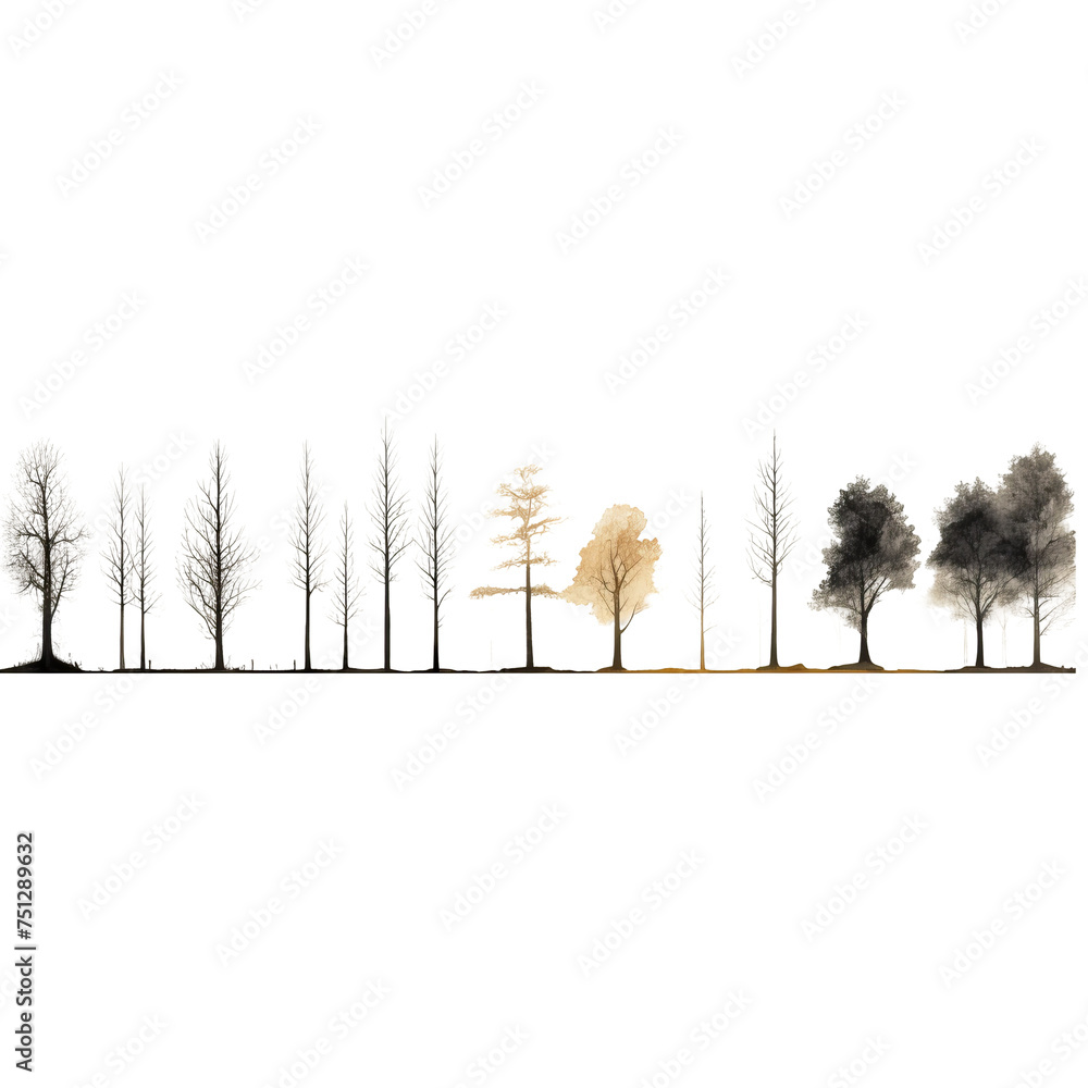 A row of isolated trees of different species with different foliage ...