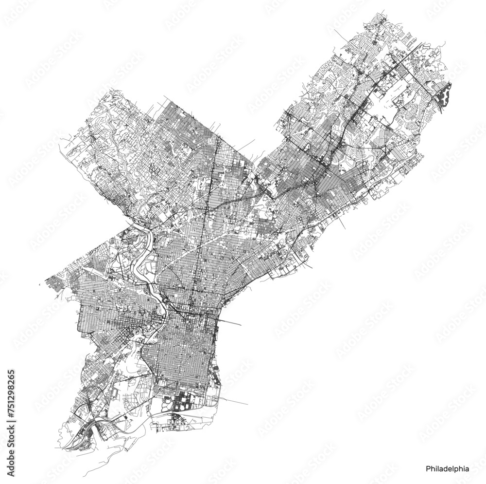 Philadelphia city map with roads and streets, United States. Vector ...
