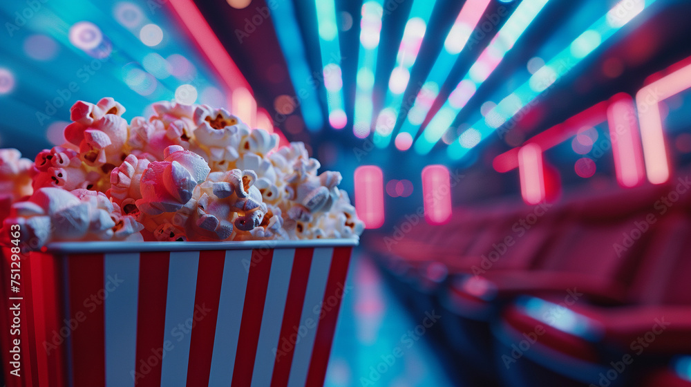 Ultrarealistic future cinema popcorn and drinks glow under neon lights ...