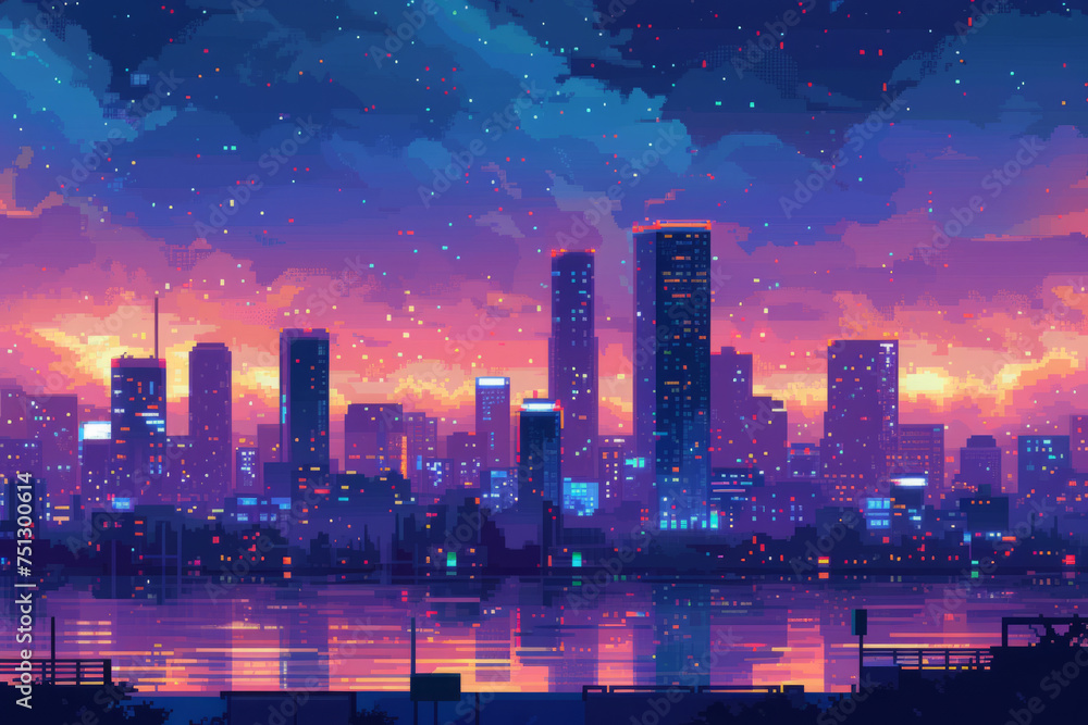 Pixel Art City, Cityscape crafted in retro pixel art style. Vibrant ...