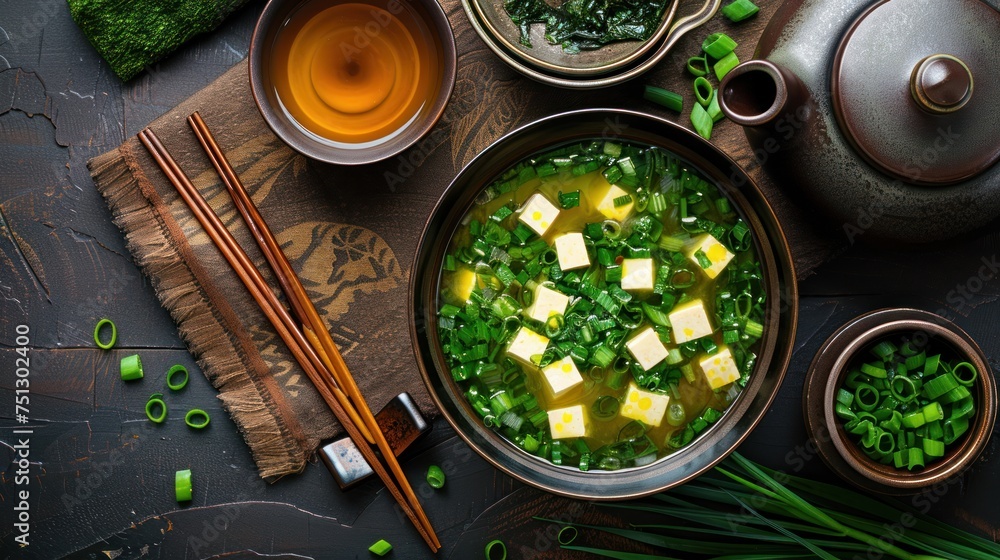 Traditional Japanese miso soup with tofu and scallions. With green tea ...