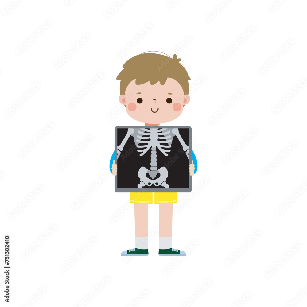 cute cartoon european kid with x-ray screen showing internal organs and ...